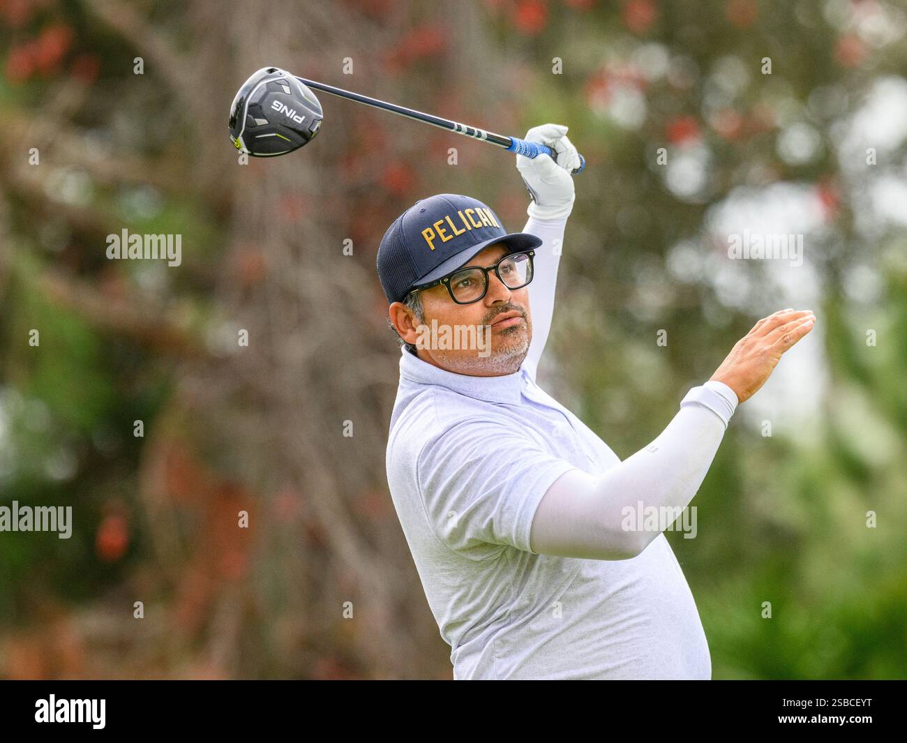 Orlando, FL, USA. 2nd Feb, 2025. Michael Pena reacts to his tee shot on ...