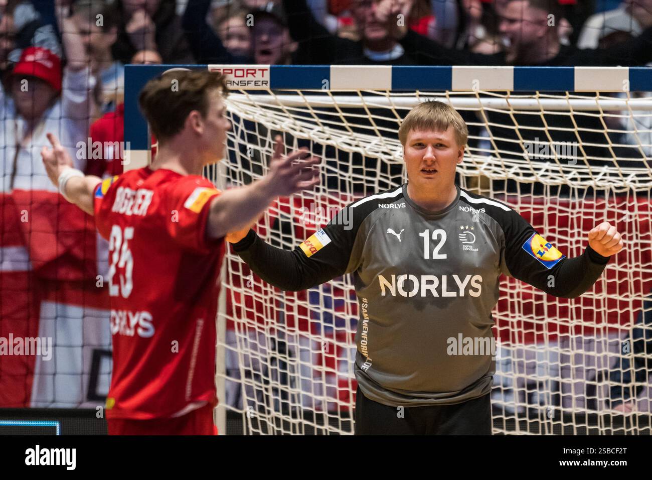 Goalkeeper Emil Nielsen of, Denmark. , . celebrates during the 2025 IHF ...