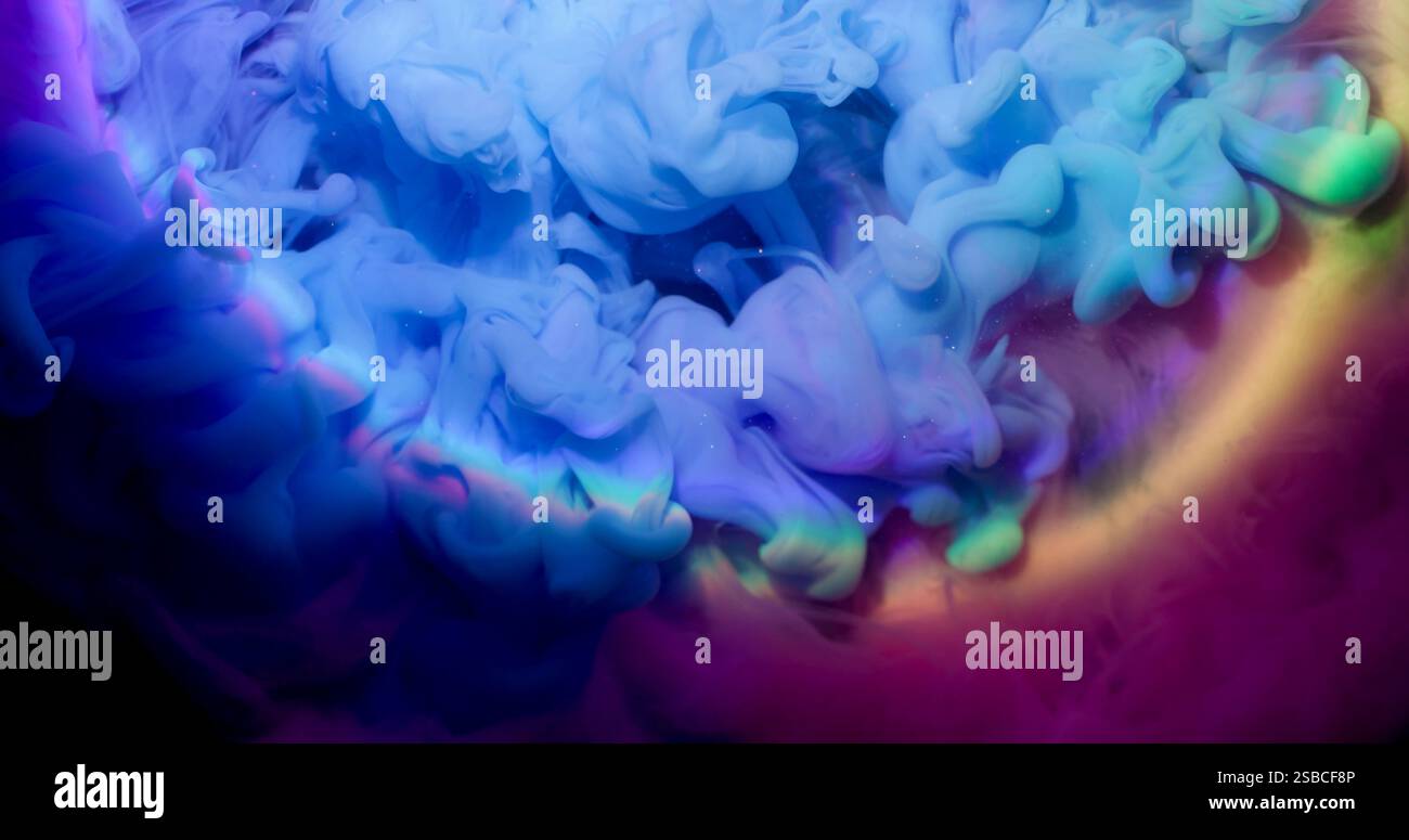 Smoke explosion. Round lens. Blue violet purple neon ink haze neon flow ...