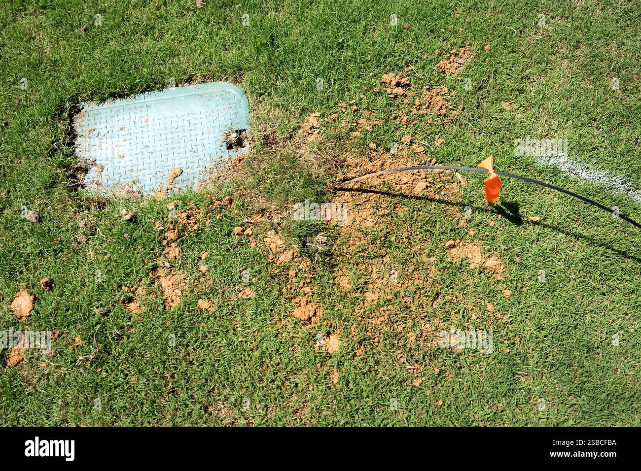 The green lid of an in-ground buried fiber optic line multiport ...