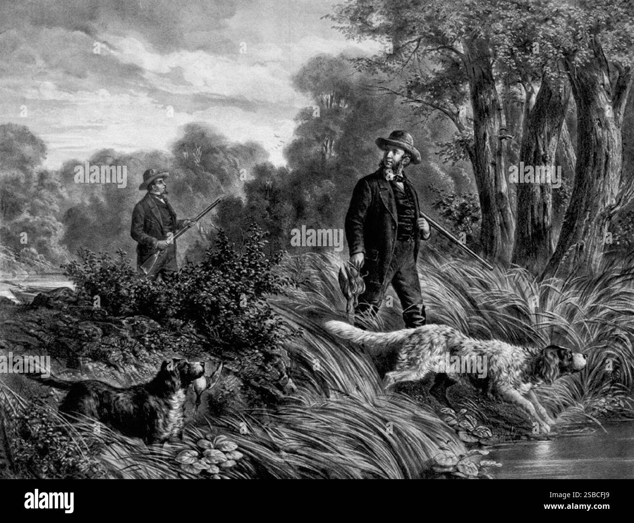 Lithograph: American Hunting Scene. Black and white print (uncolored ...