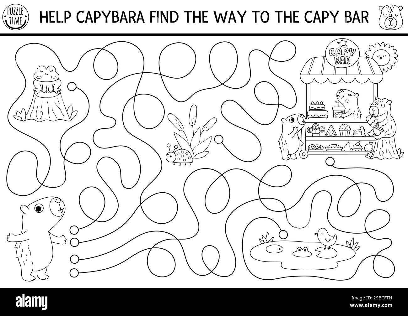 Fun black and white maze for kids with capybara going to dessert cart ...