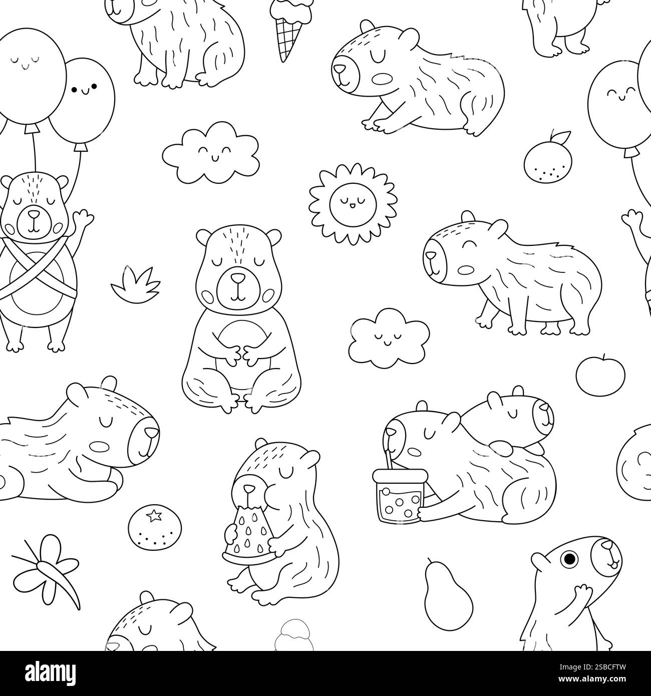 Vector black and white capybara seamless pattern. Cute line capibara ...