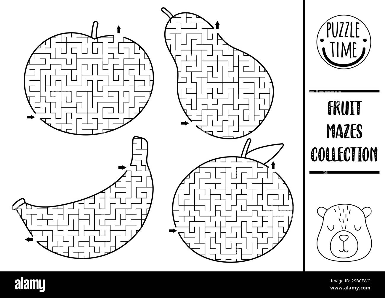 Fruit black and white geometrical maze set for kids. Preschool ...