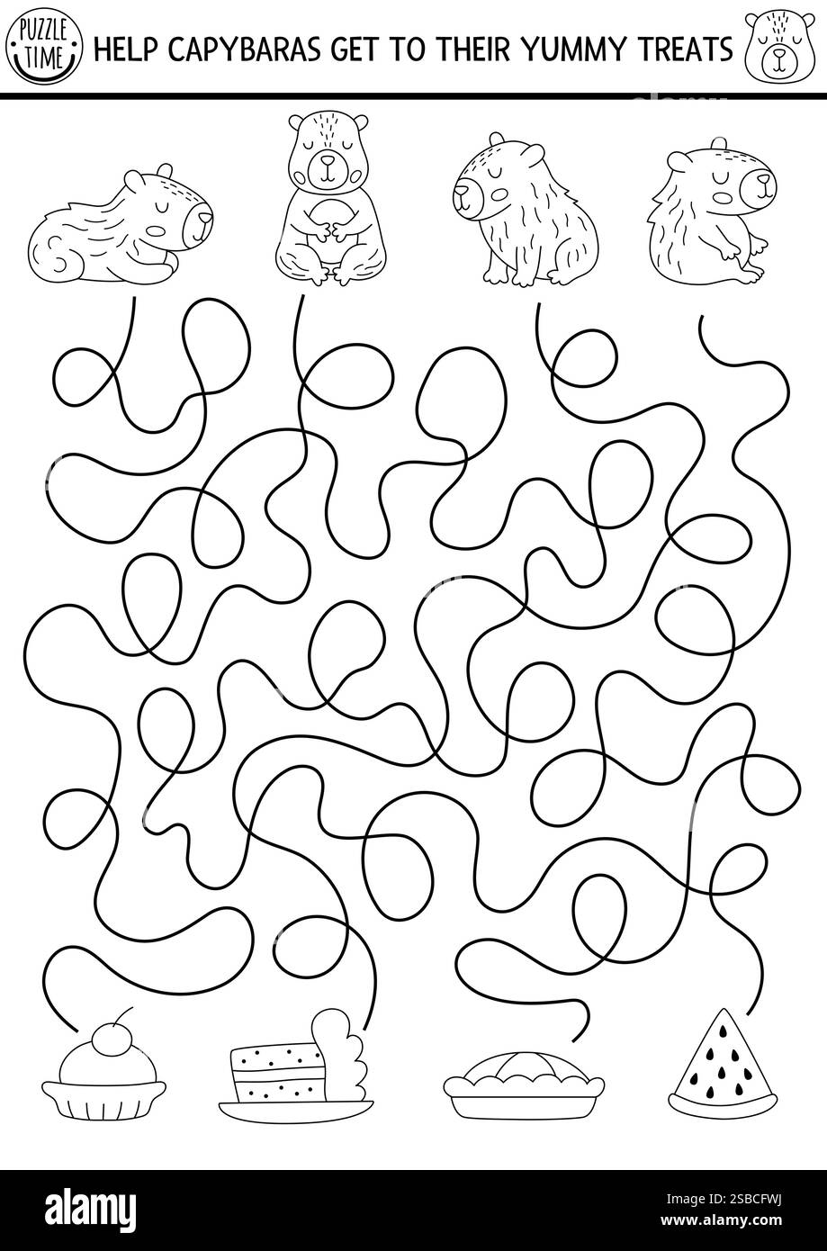 Fun black and white maze for kids with capybaras and yummy treats ...