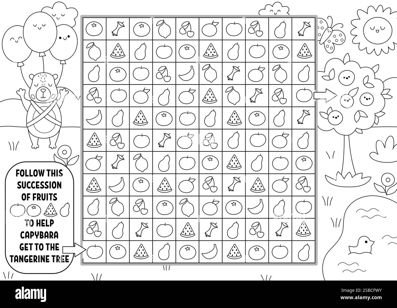 Capybara black and white maze, seek and find game with apple. Capibara ...
