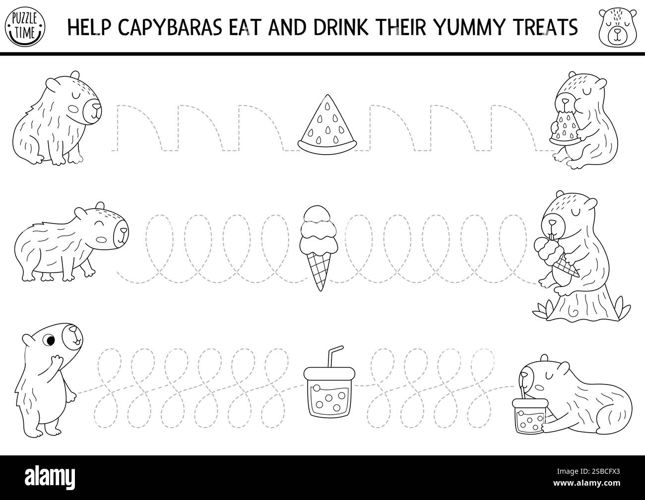 Vector black and white capybara handwriting practice worksheet ...
