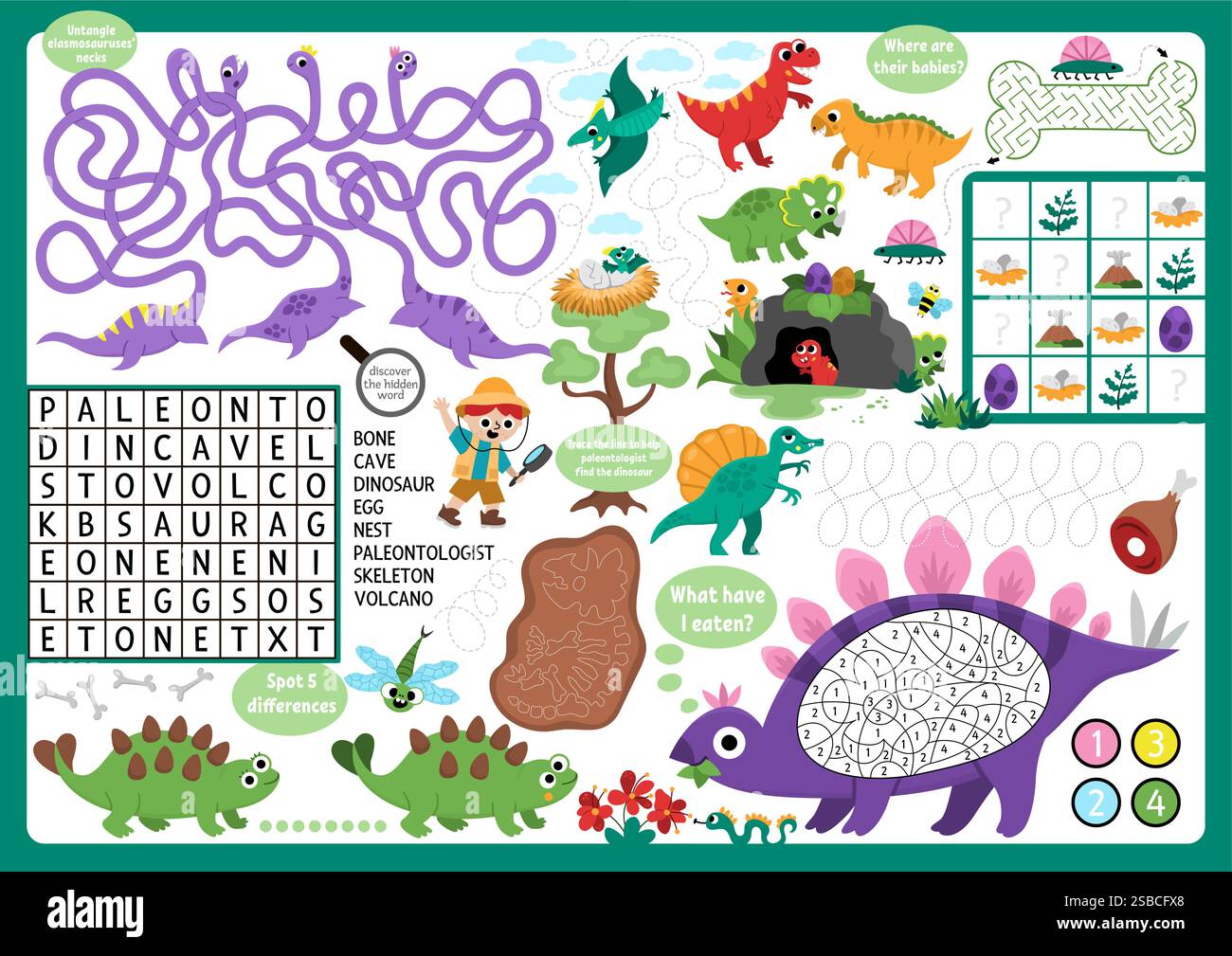 Vector dinosaur placemat for children. Prehistoric printable activity ...