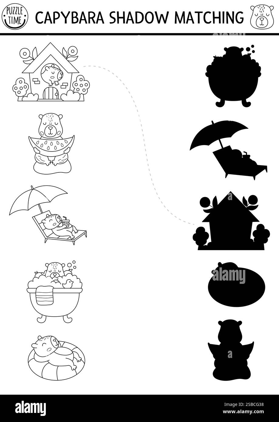 Capibara black and white shadow matching activity. Capybara shape ...