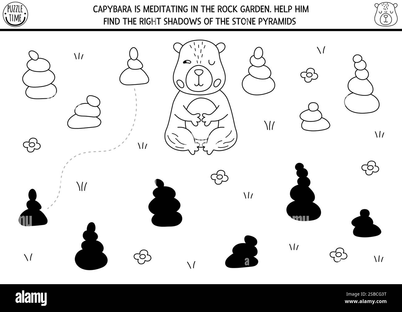 Capybara black and white shadow matching activity with stone pyramids ...