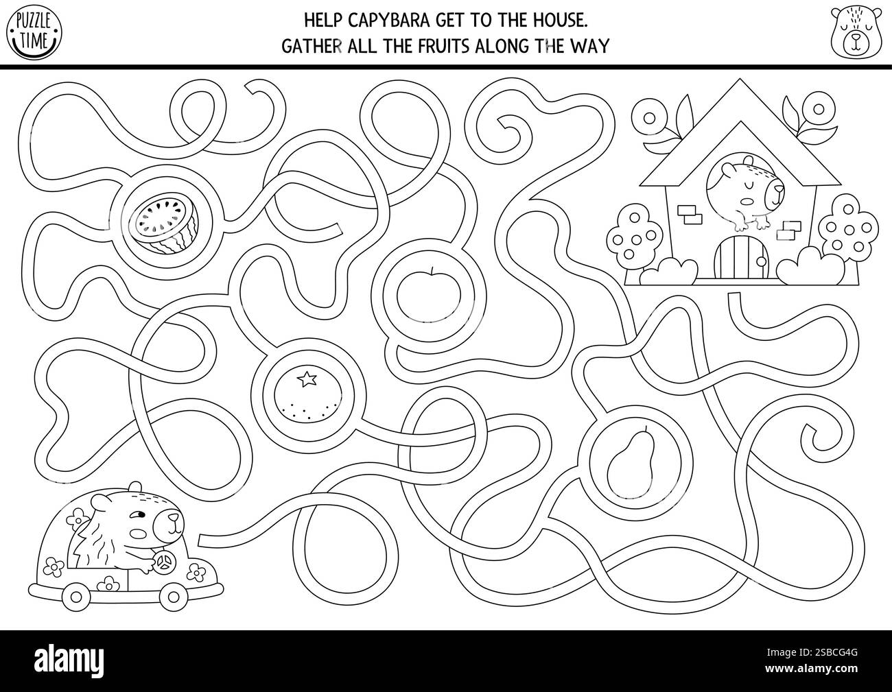 Fun black and white maze for kids with capybara driving car to the ...