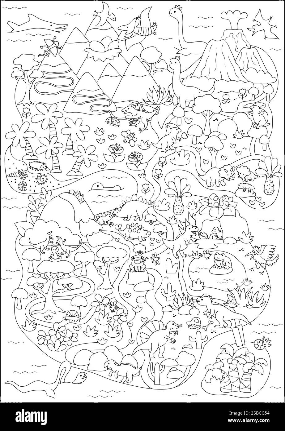 Vector black and white ancient continent map. Dinosaur landscape ...