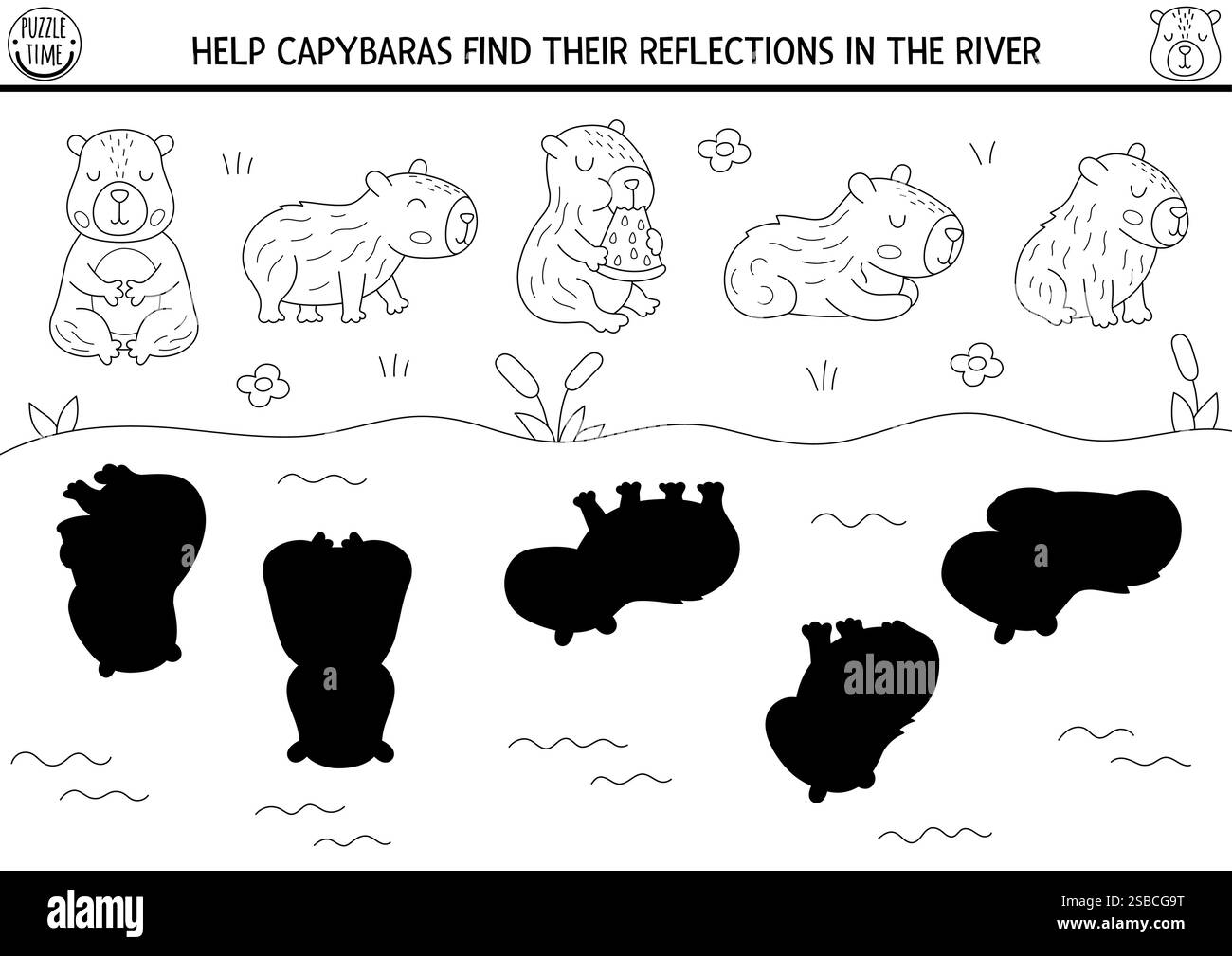 Capybara black and white shadow matching activity with animals looking ...