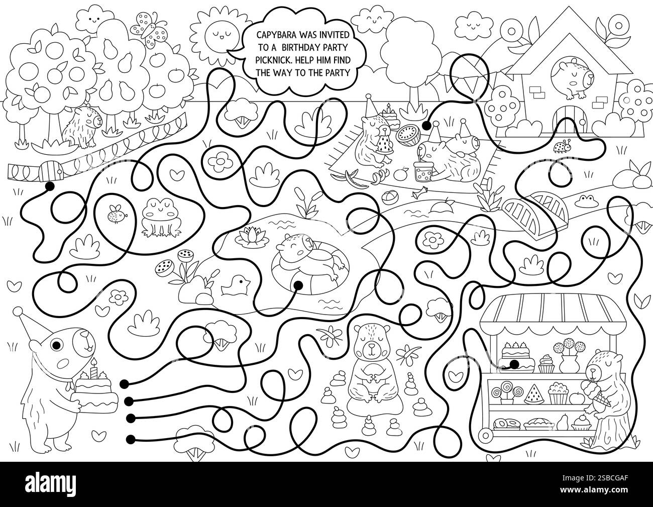 Black and white maze for kids with capybara in cone hat going to ...