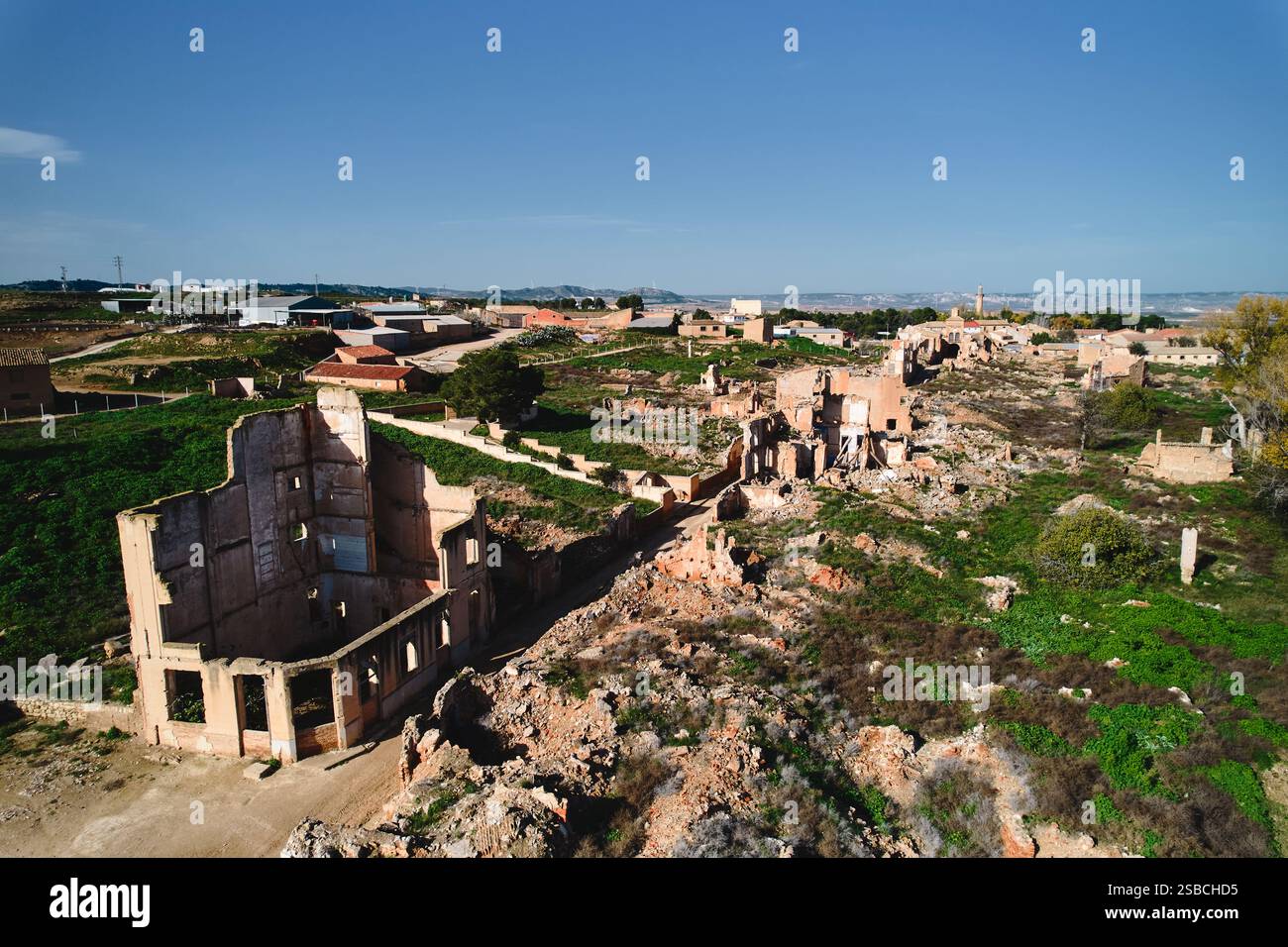 Aerial shot of Belchite is a unique place in Spain, a monument to the ...