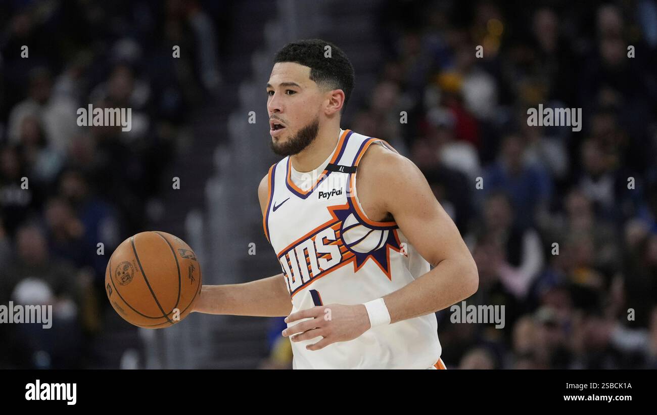 Phoenix Suns guard Devin Booker during an NBA basketball game against the Golden State Warriors ...