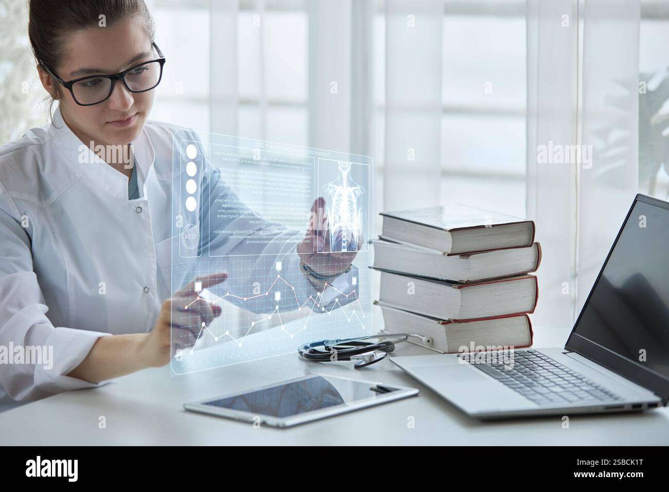 Female doctor uses modern technologies, virtual screen with hologram ...