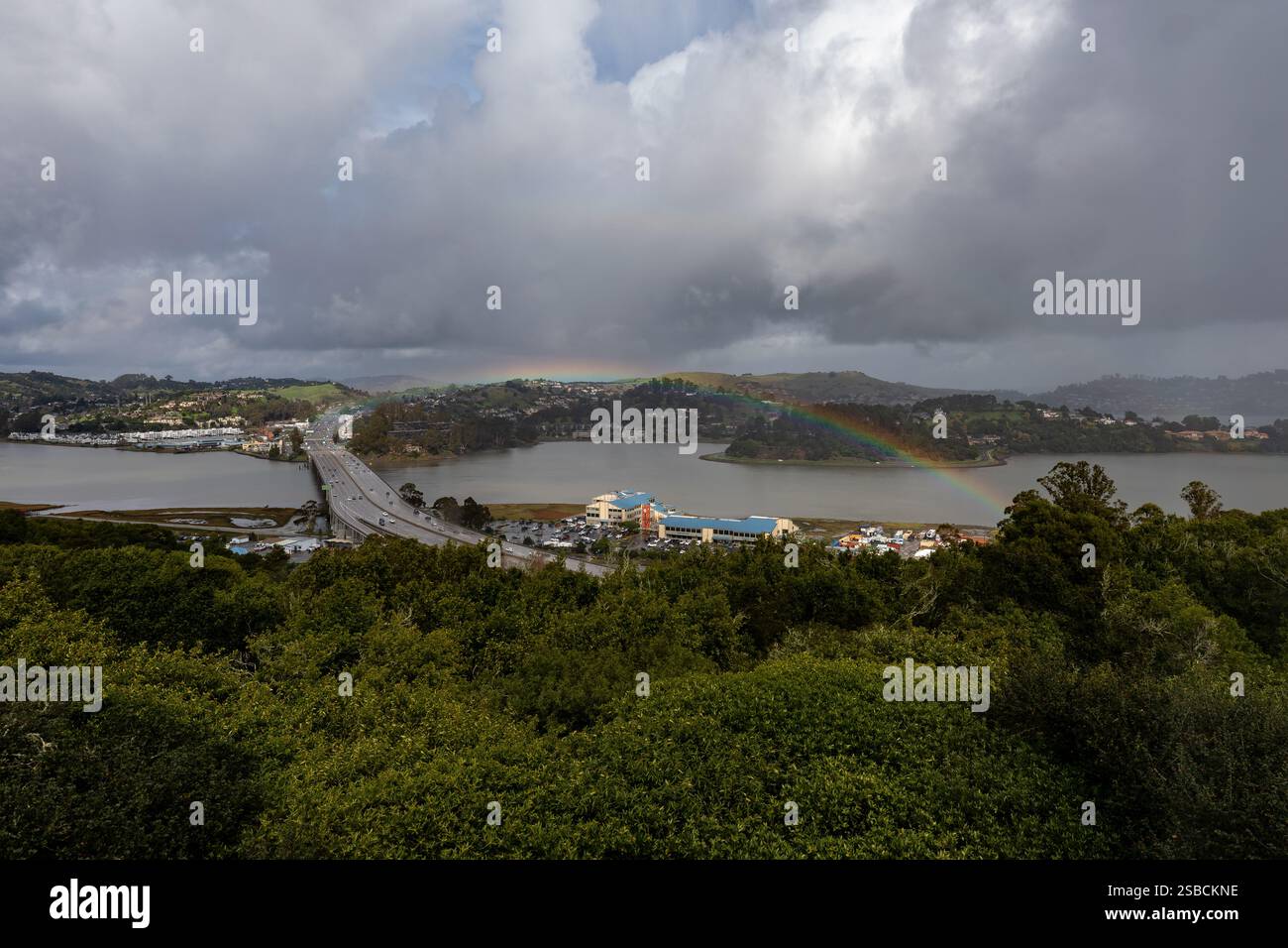 Rainbow over Richardson Bay bridge and highway in Sausaltio Stock Photo ...