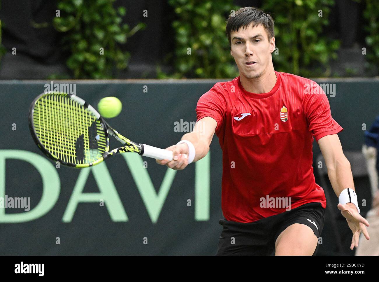 Fabian Marozsan, of Hungary, plays a shot to Gabriel Diallo, of Canada ...
