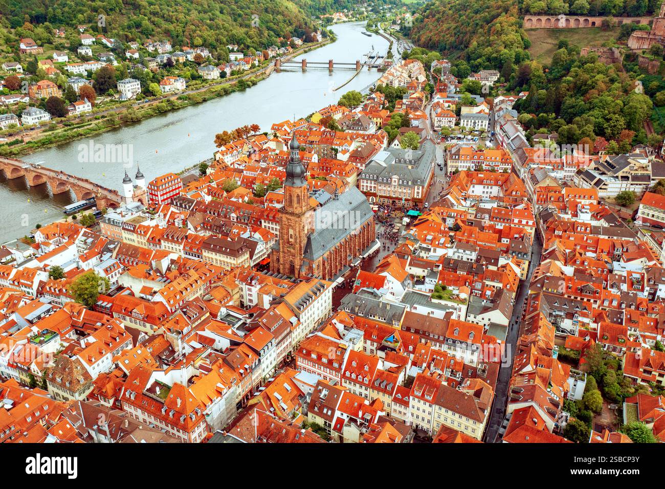 Aerial view of landmark and beautiful Heidelberg city with Neckar river ...