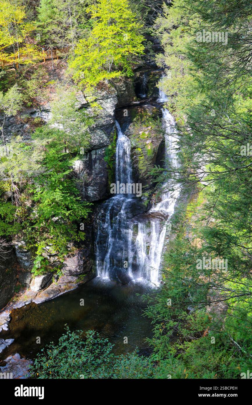 Waterfall pours over rocky cliffs into a tranquil pool surrounded by ...