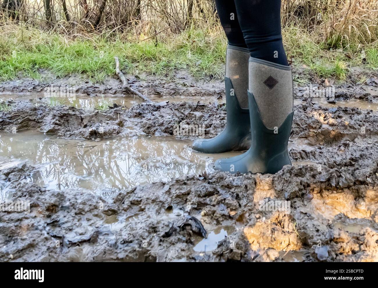 Woman wearing wellington boots in a muddy puddle Stock Photo - Alamy