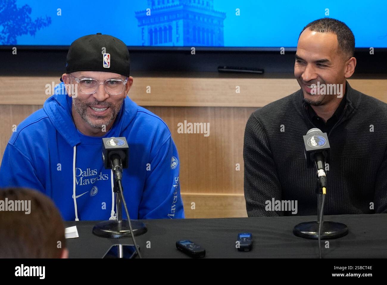 Dallas Mavericks head coach Jason Kidd, left, and general manager Nico ...