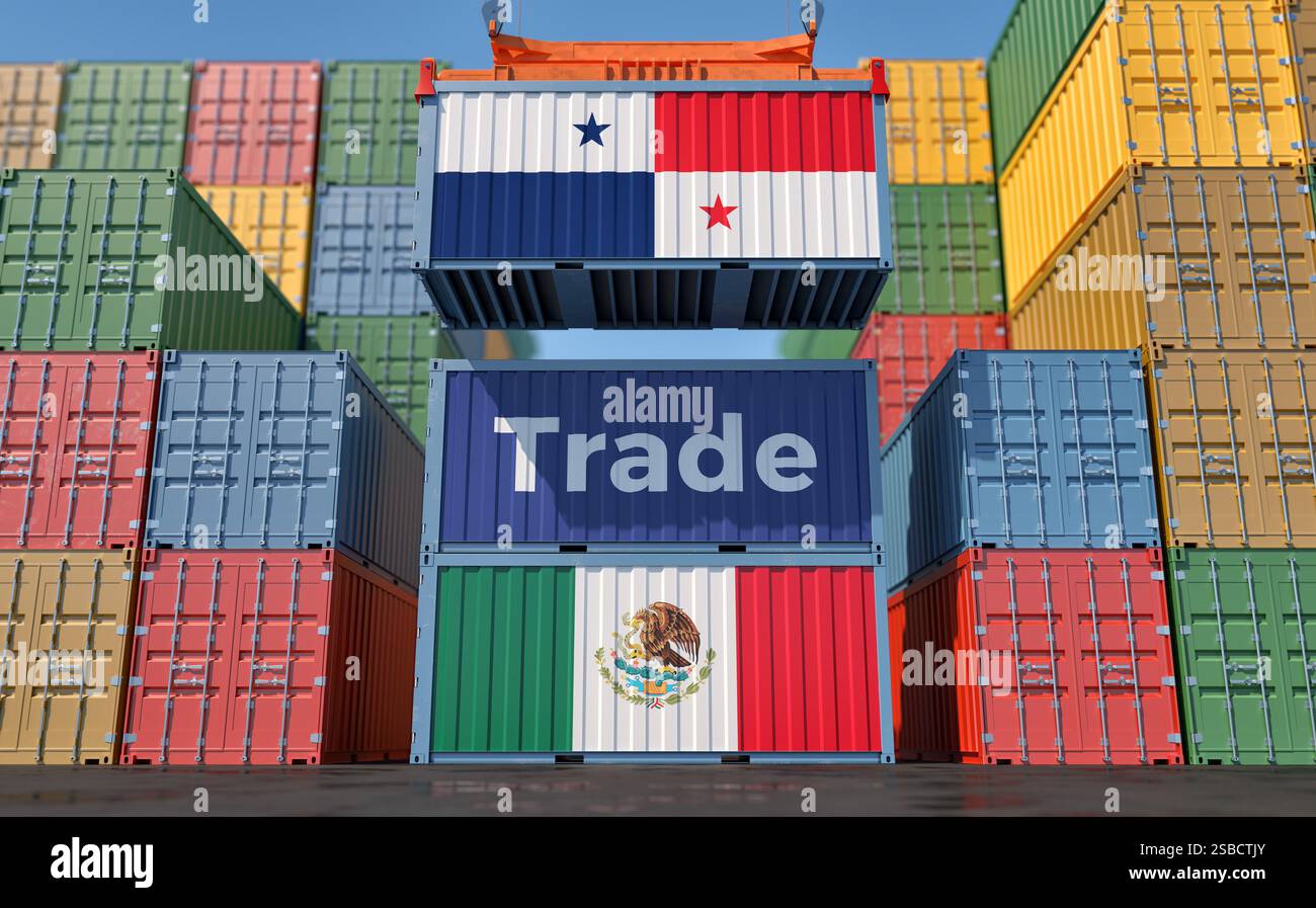 Trading 2025. Cargo Container with Mexico and Panama flag. 3D Rendering ...