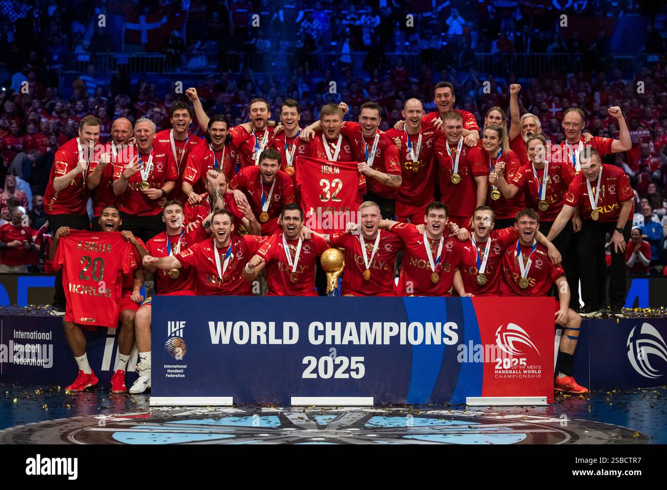 Players of, Denmark. , . celebrate after the 2025 IHF World Men's ...