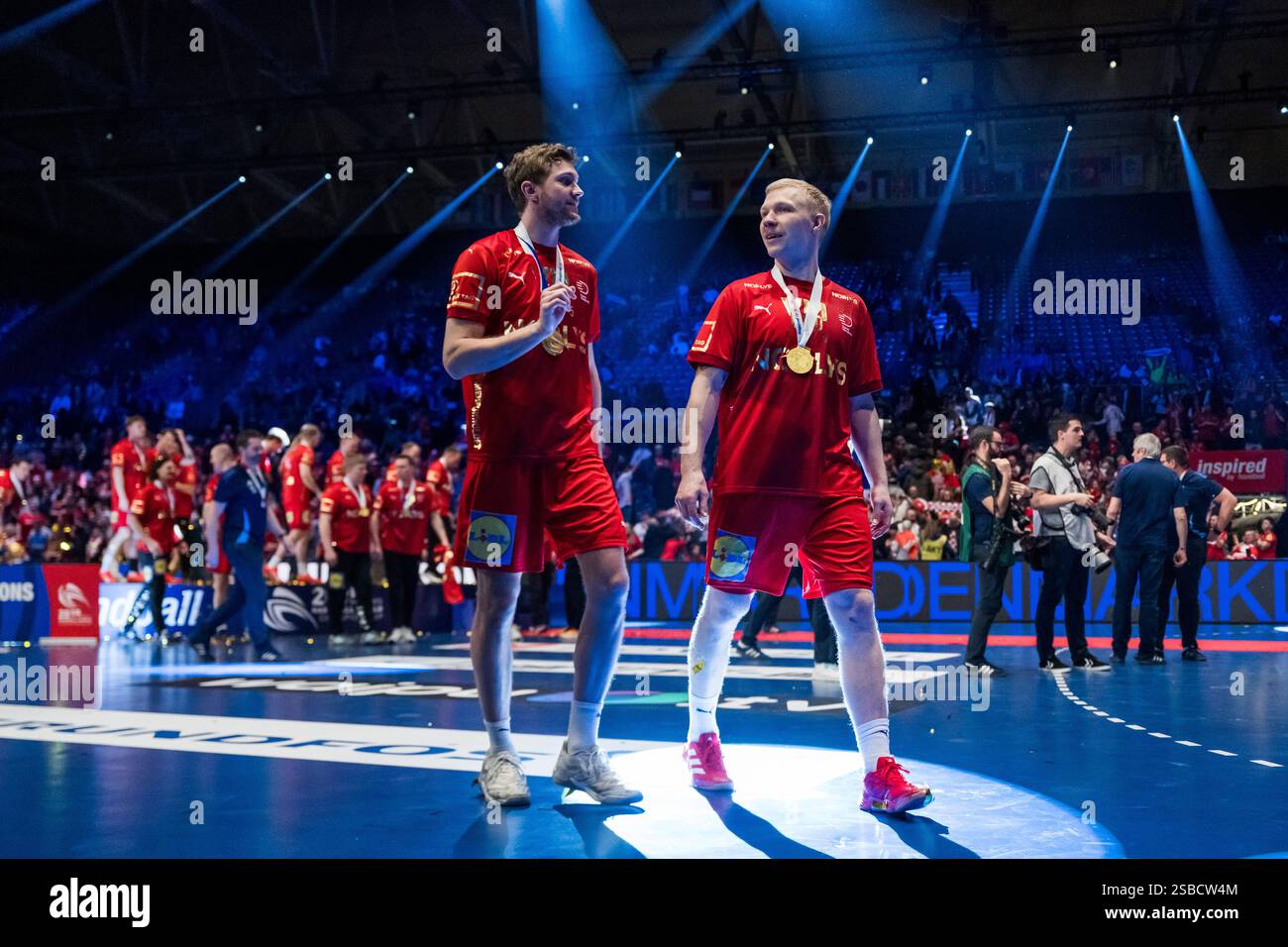 Players of, Denmark. , . celebrate after the 2025 IHF World Men's ...