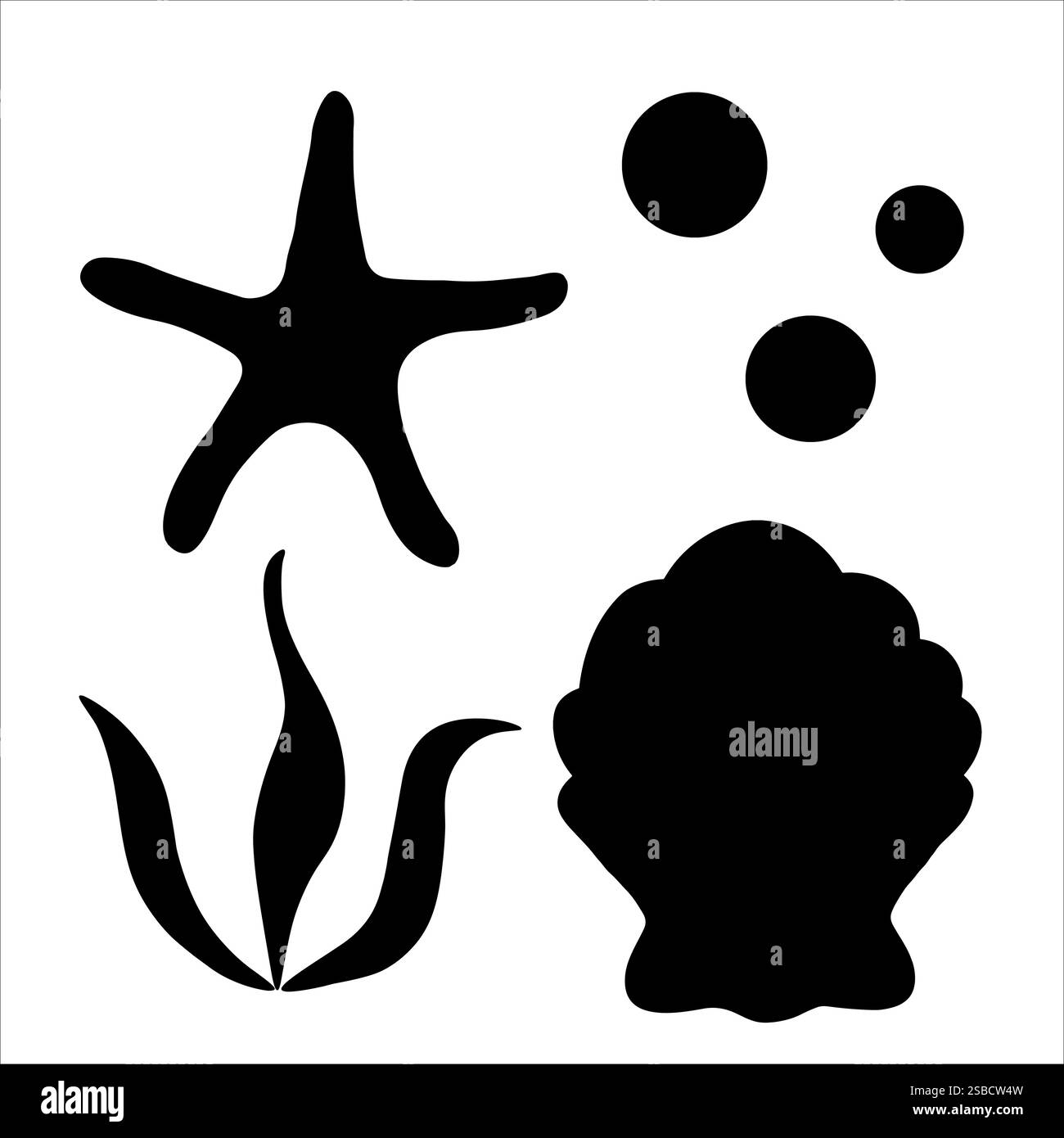 Vector silhouette of shells, starfish and seaweed. Illustrations of the ...