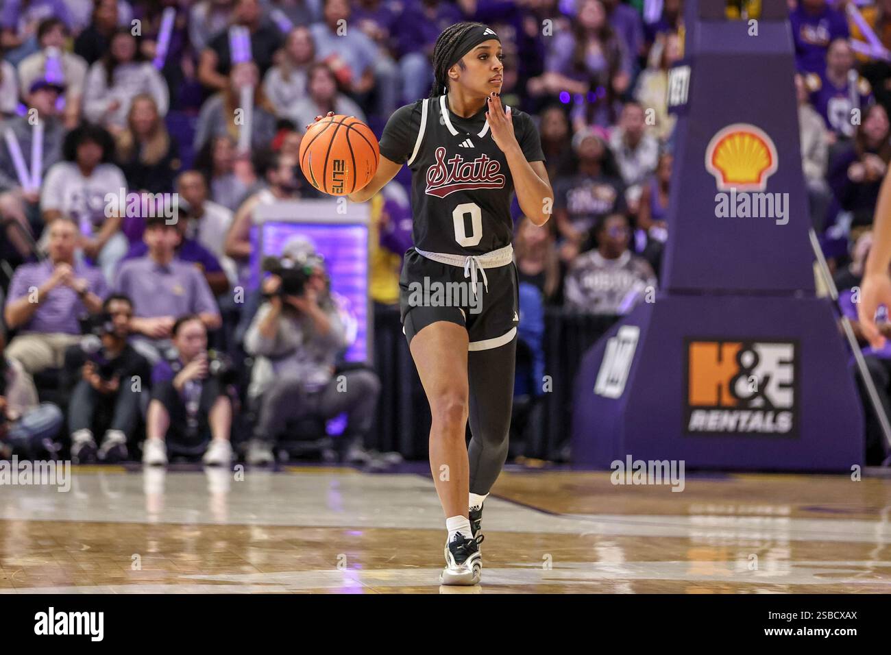 February 2, 2025: Mississippi St. Denim DeShields (0) dribbles the ball ...