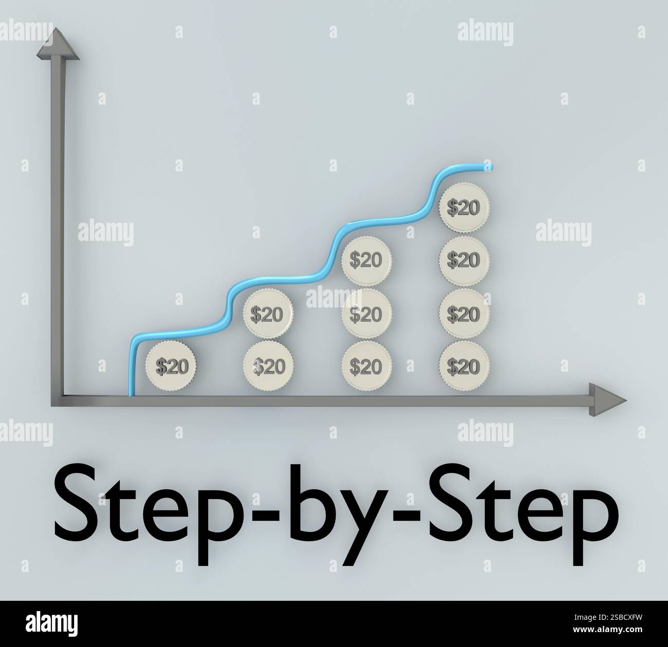 3D illustration of Step-by-Step script below a graph composed of silver ...