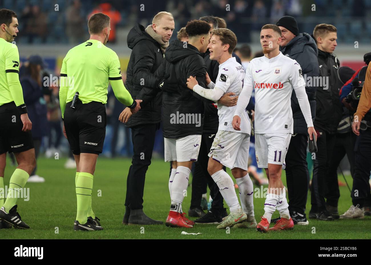 Gent, Belgium. 02nd Feb, 2025. referee Nathan Verboomen and Gent's Yari ...