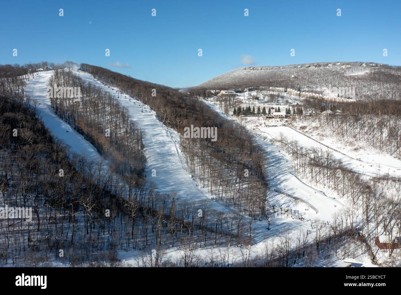 Aerial View of Snowy Ski Slopes at Wintergreen Ski Resort in Virginia ...