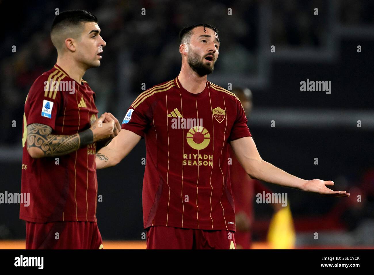 Rome, Italy. 02nd Feb, 2025. Bryan Cristante (r) and Gianluca Mancini ...
