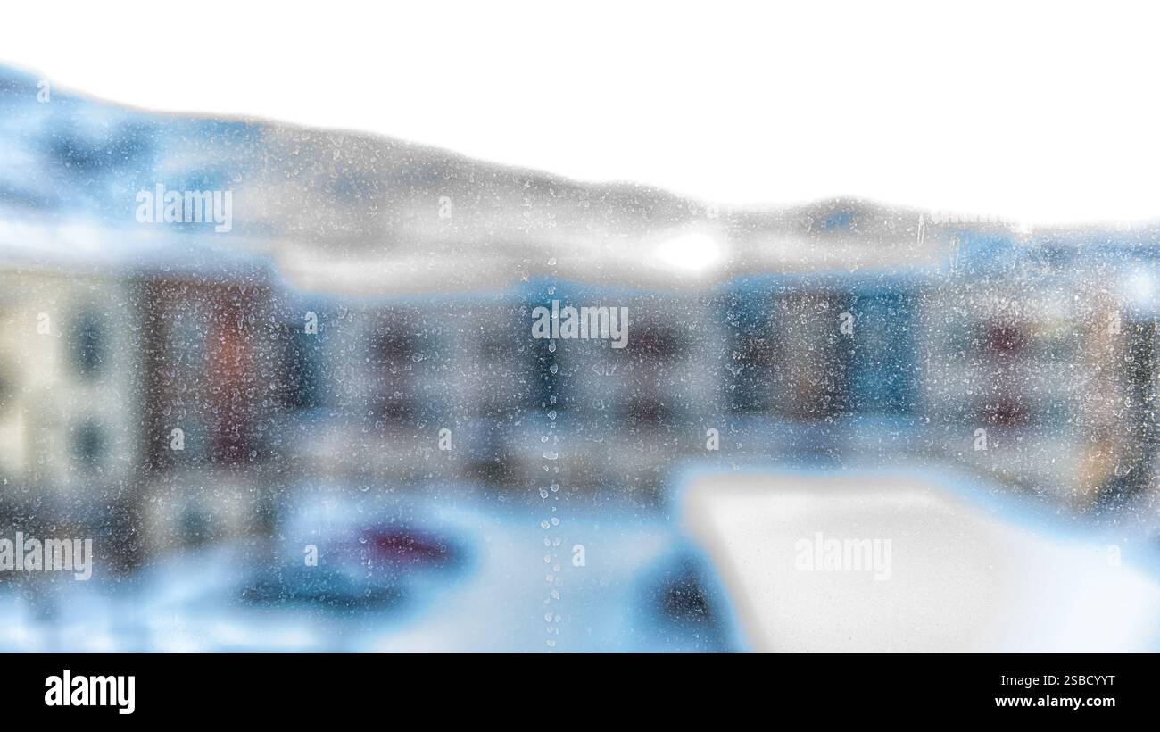 Dirty window of apartment in foreground, looking through abstract ...