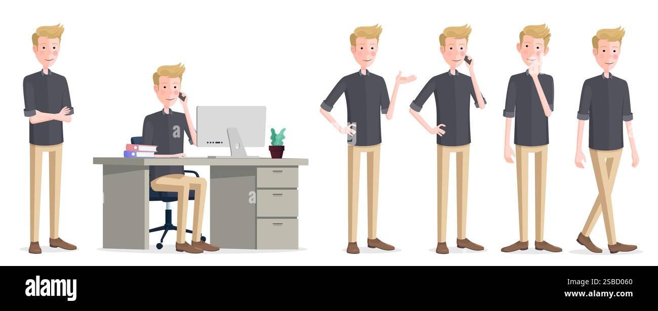 Cartoon Businessman Character in different poses, Sitting on Office ...
