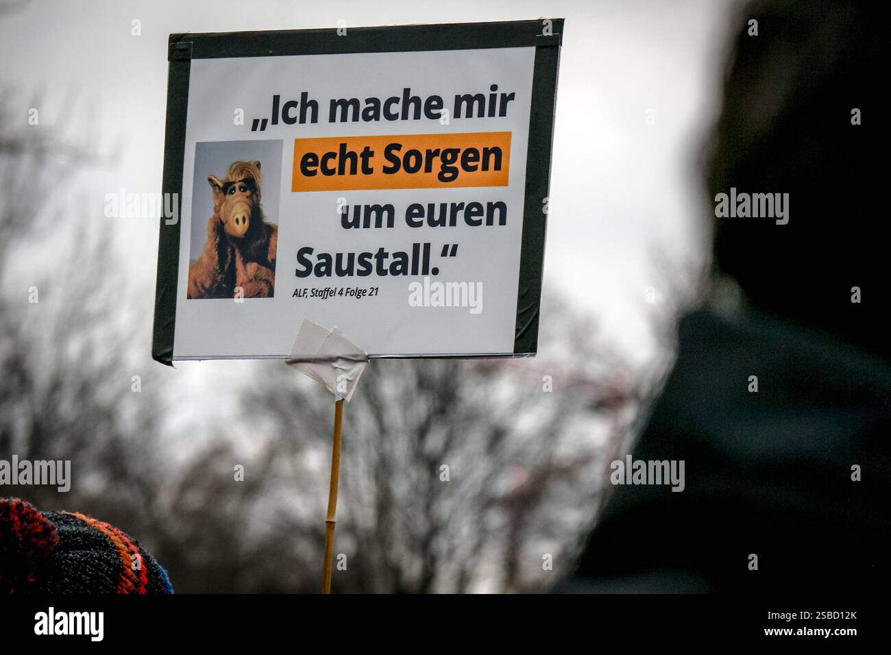 Berlin, Germany - February 2, 2025: Protest sign quotes Alf "Ich mache ...