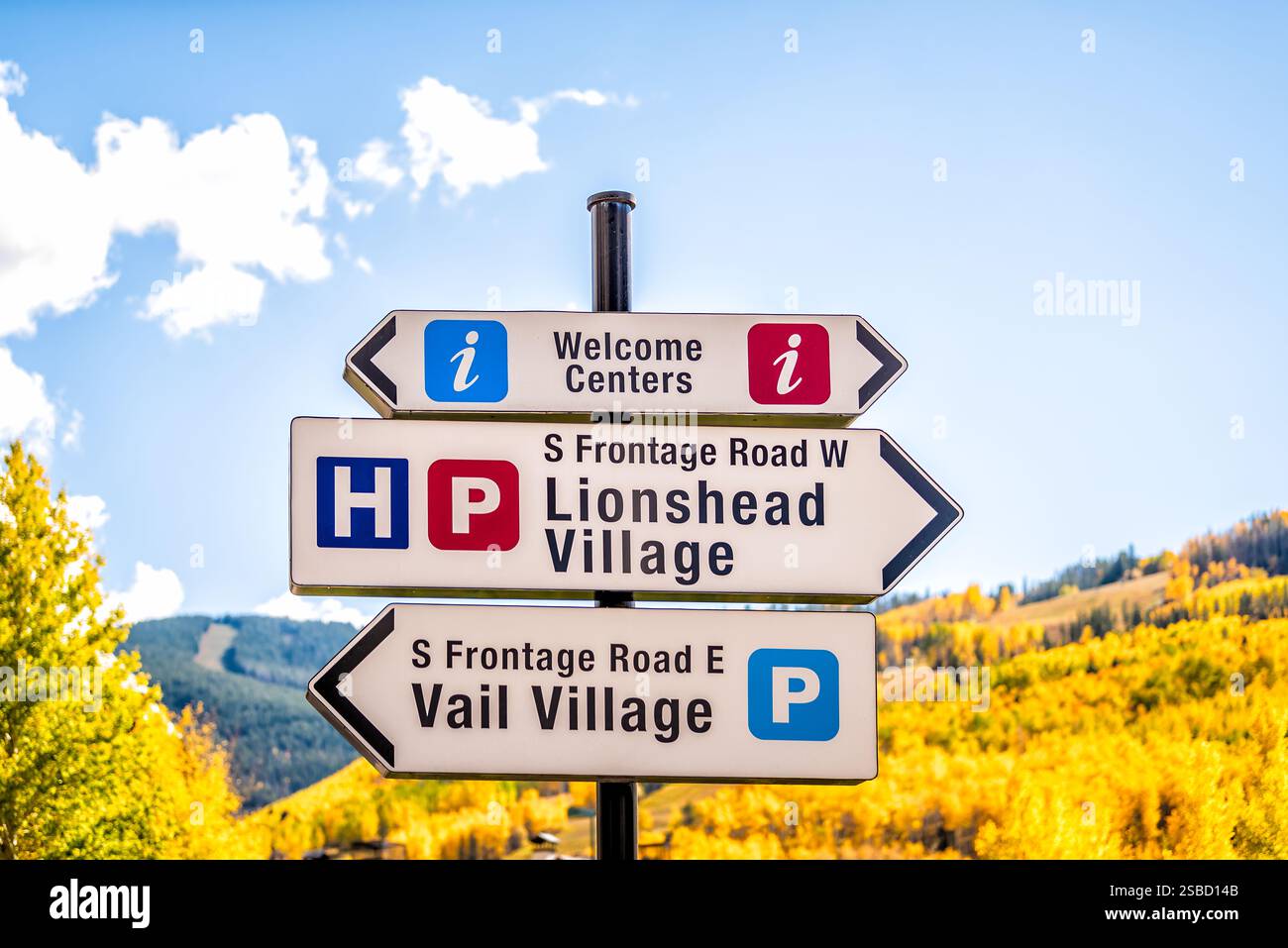 Vail direction sign on street road highway in Colorado town scenic ...