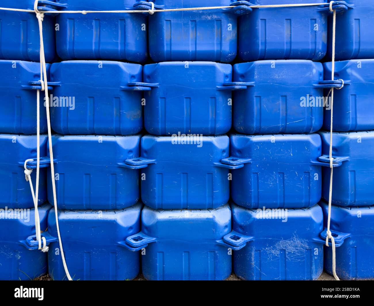 Stacked Blue Plastic Containers with Ropes, Used to Build Temporary ...