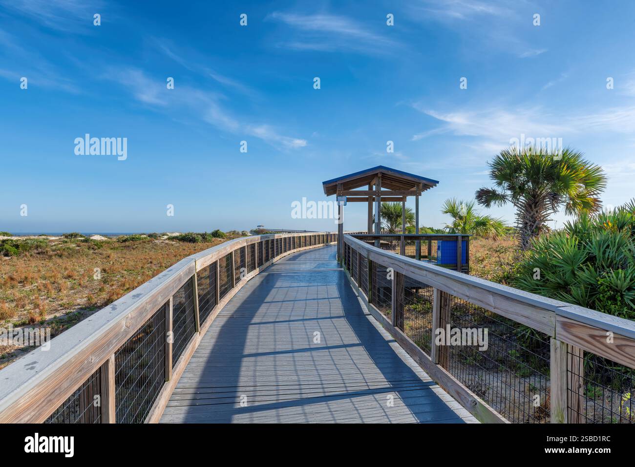 Elevated boardwalk trail in New Smyrna Dunes Park in sunny day in New ...