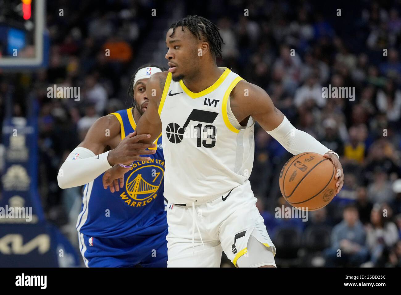 Utah Jazz guard Isaiah Collier (13) drives past Golden State Warriors ...
