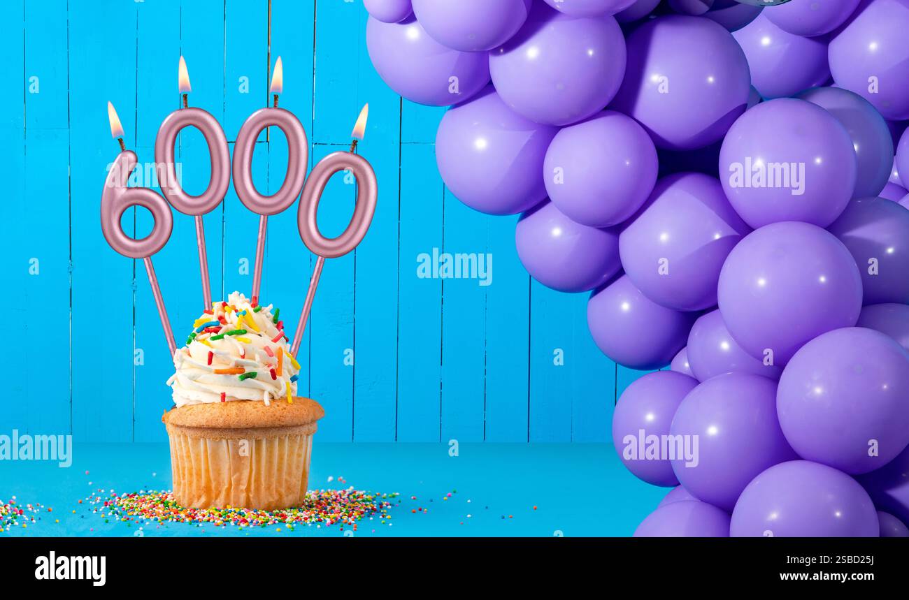Birthday card with number 6000 candle, cupcake and balloons Stock Photo ...