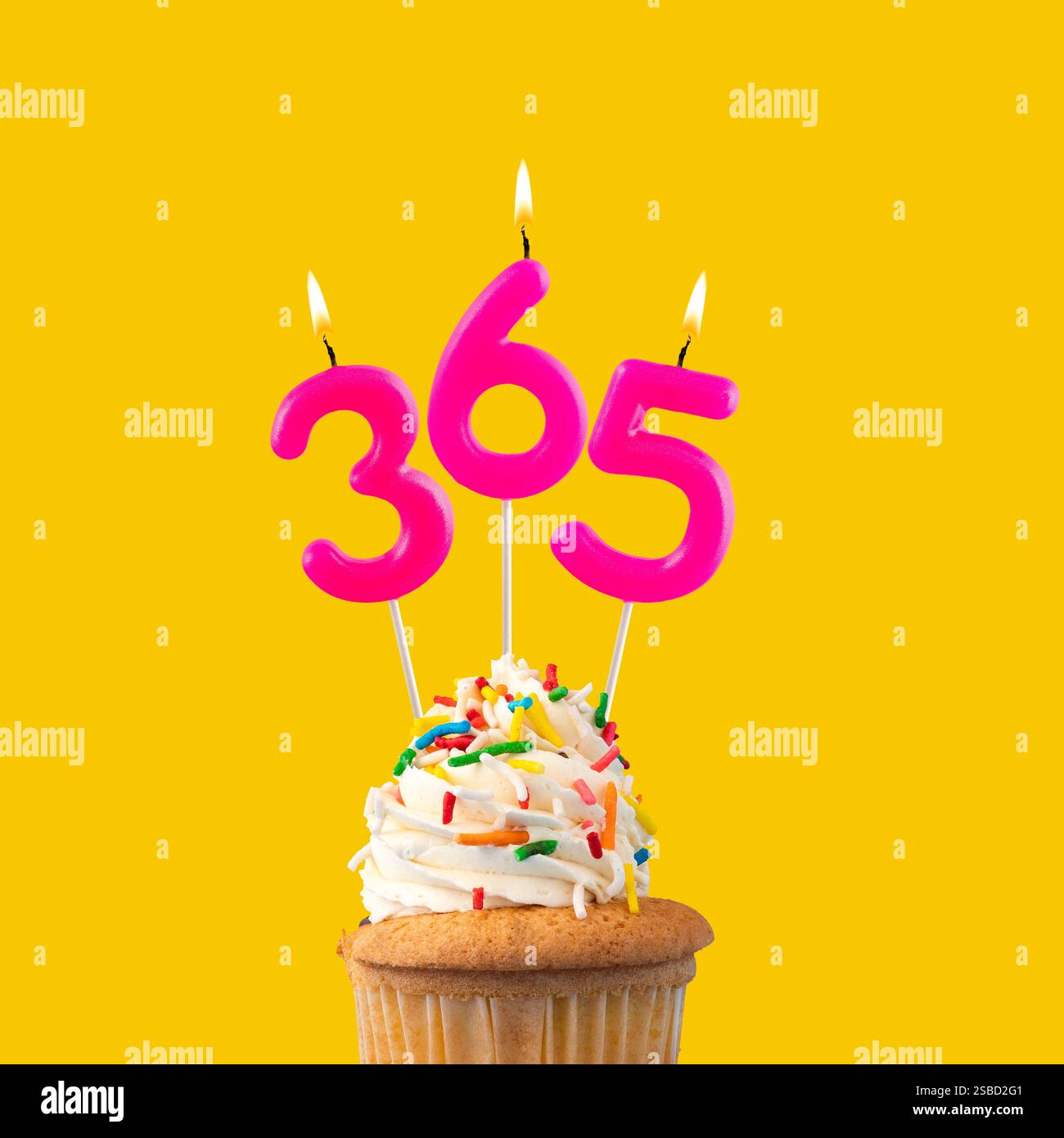 Three candles forming the number 365 - Yellow background Stock Photo ...