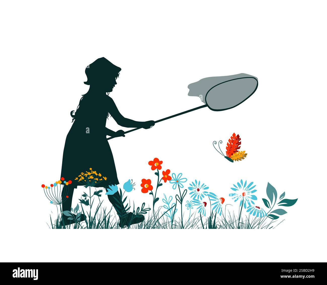 A girl with a net catches butterflies. hand drawn. Not AI, Vector ...