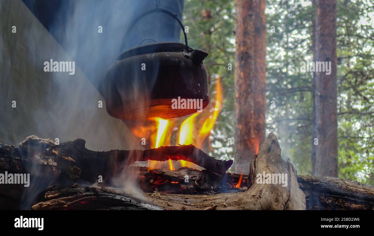A coffee pot heating on an open campfire in Lapland, Finland Stock ...
