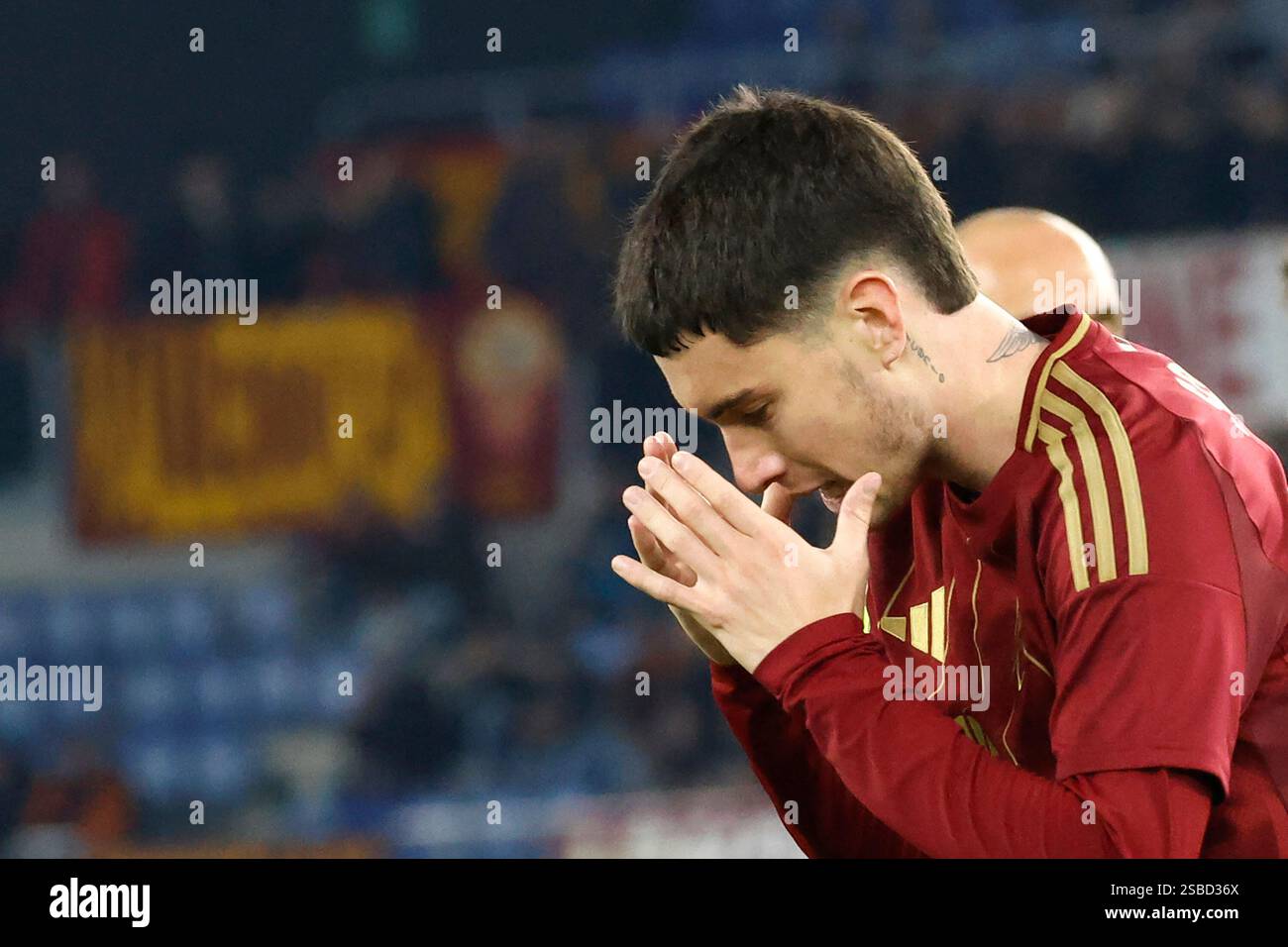 Rome, Italy, 2 February, 2025. Matias Soule, of Roma, reacts after ...