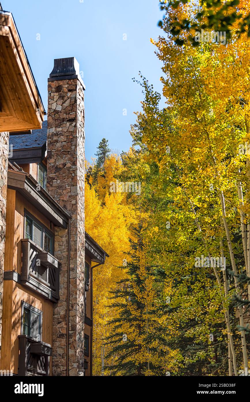 Vail Colorado village in colorful autumn fall with golden yellow aspen trees at residential ...
