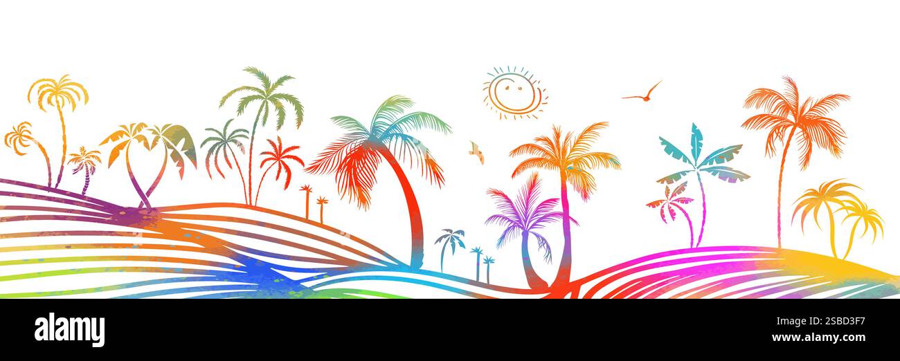 Hello summer . Blue palm trees horizontal background. Not AI, Vector ...